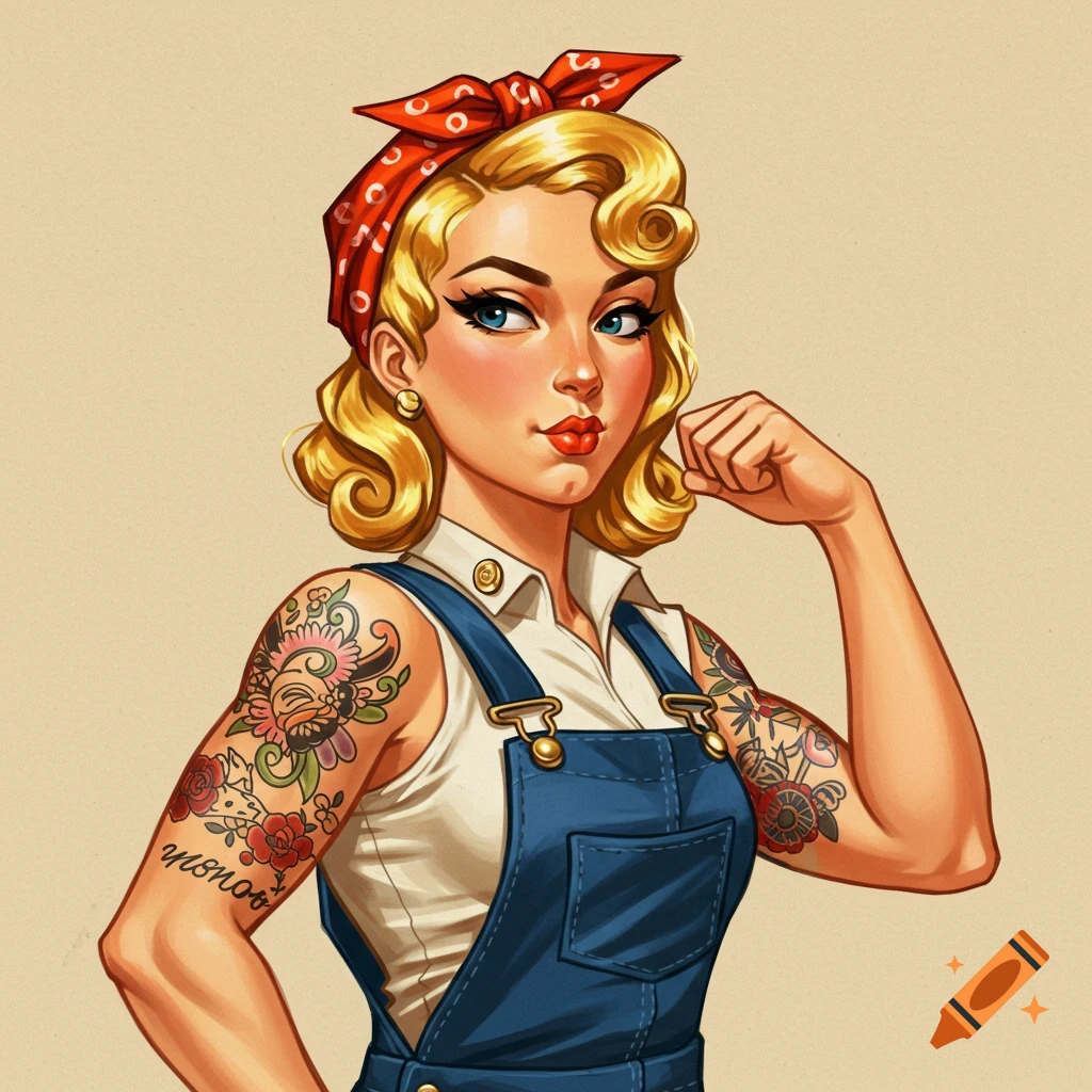 Stylized pin-up illustration of a woman resembling Rosie the Riveter ...