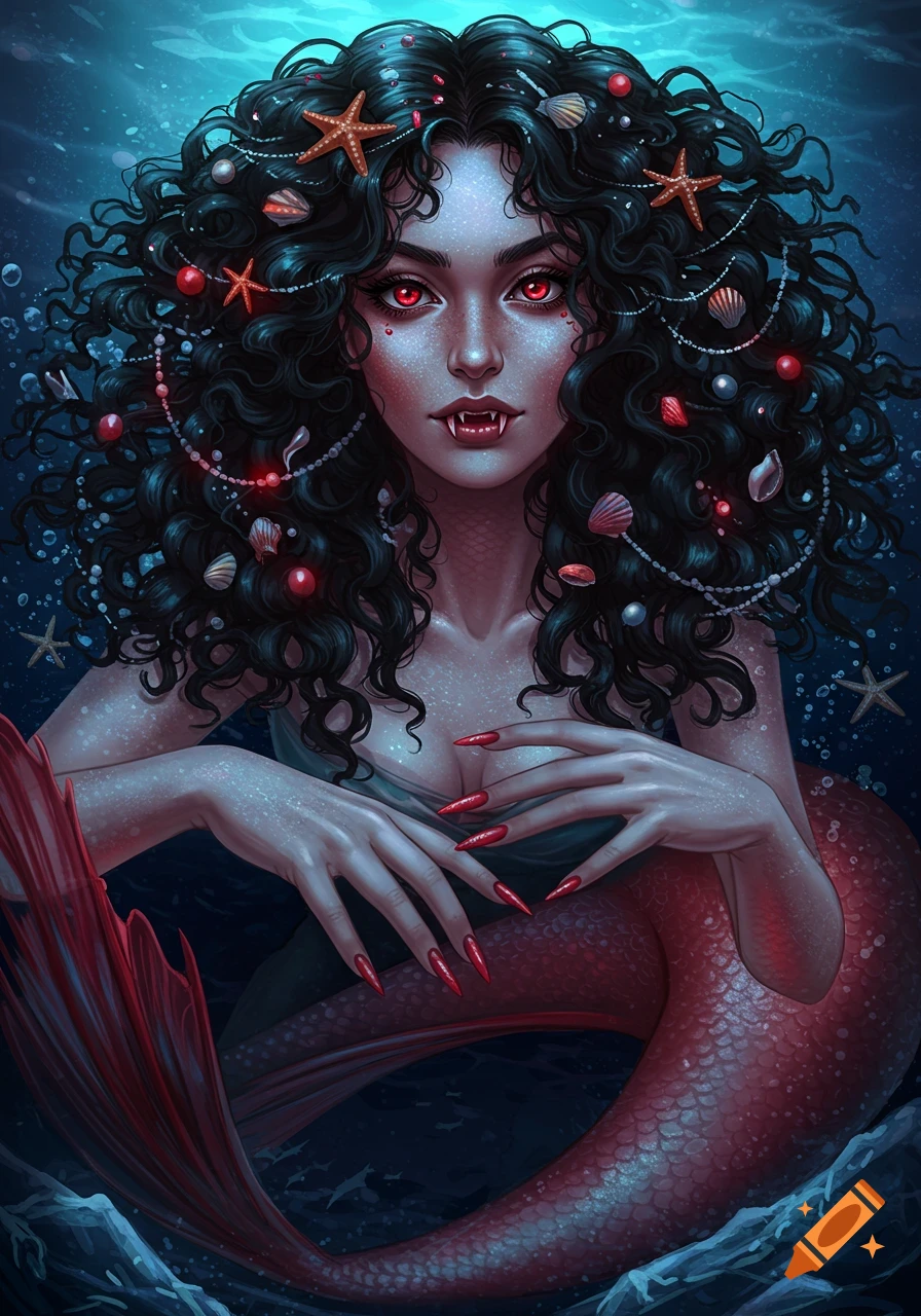 Fantasy portrait of a dark-haired mermaid with red eyes, fangs, and a ...