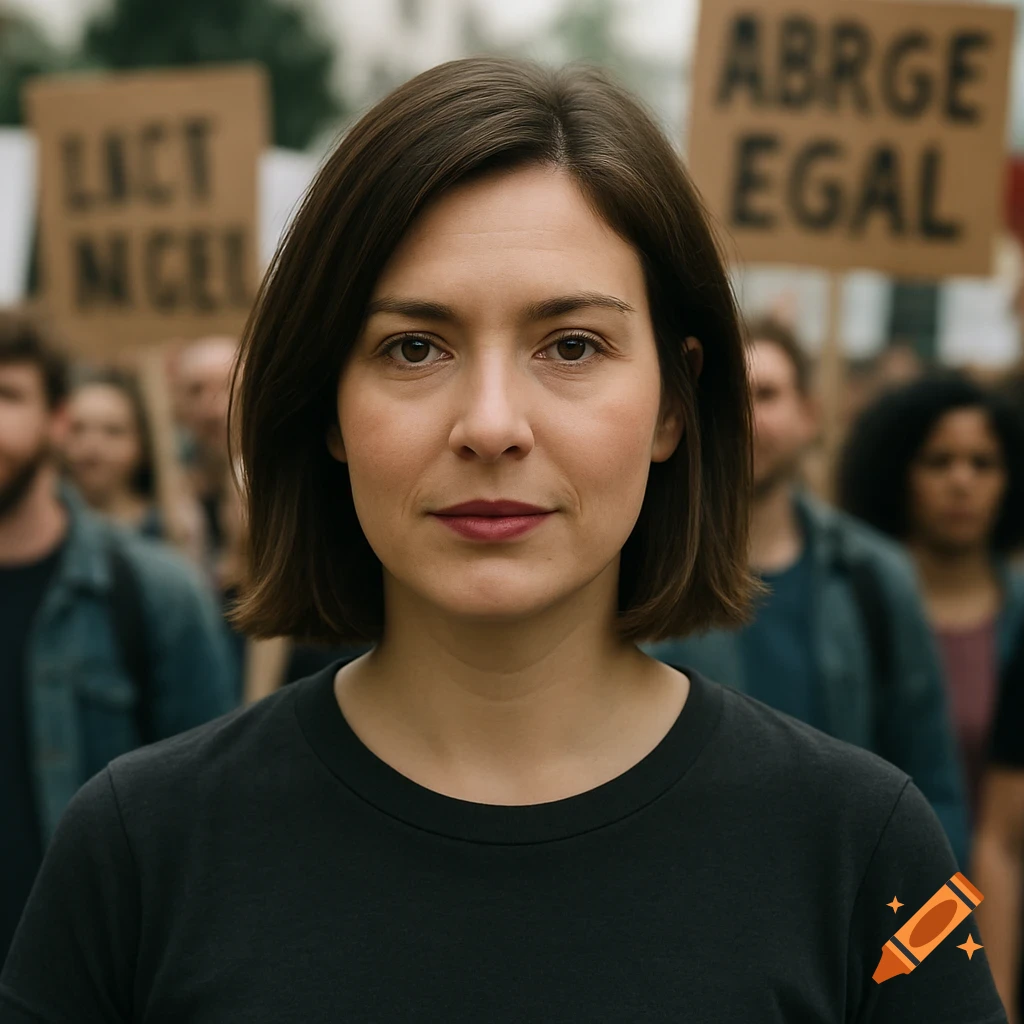 Photorealistic portrait of a woman in a black t-shirt, in focus, with a ...