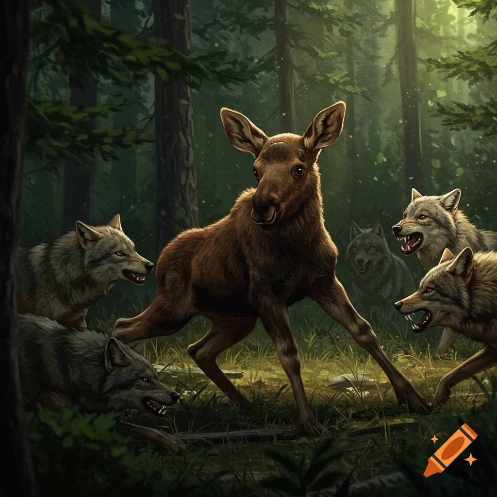 A young moose is surrounded by wolves in a forest. on Craiyon