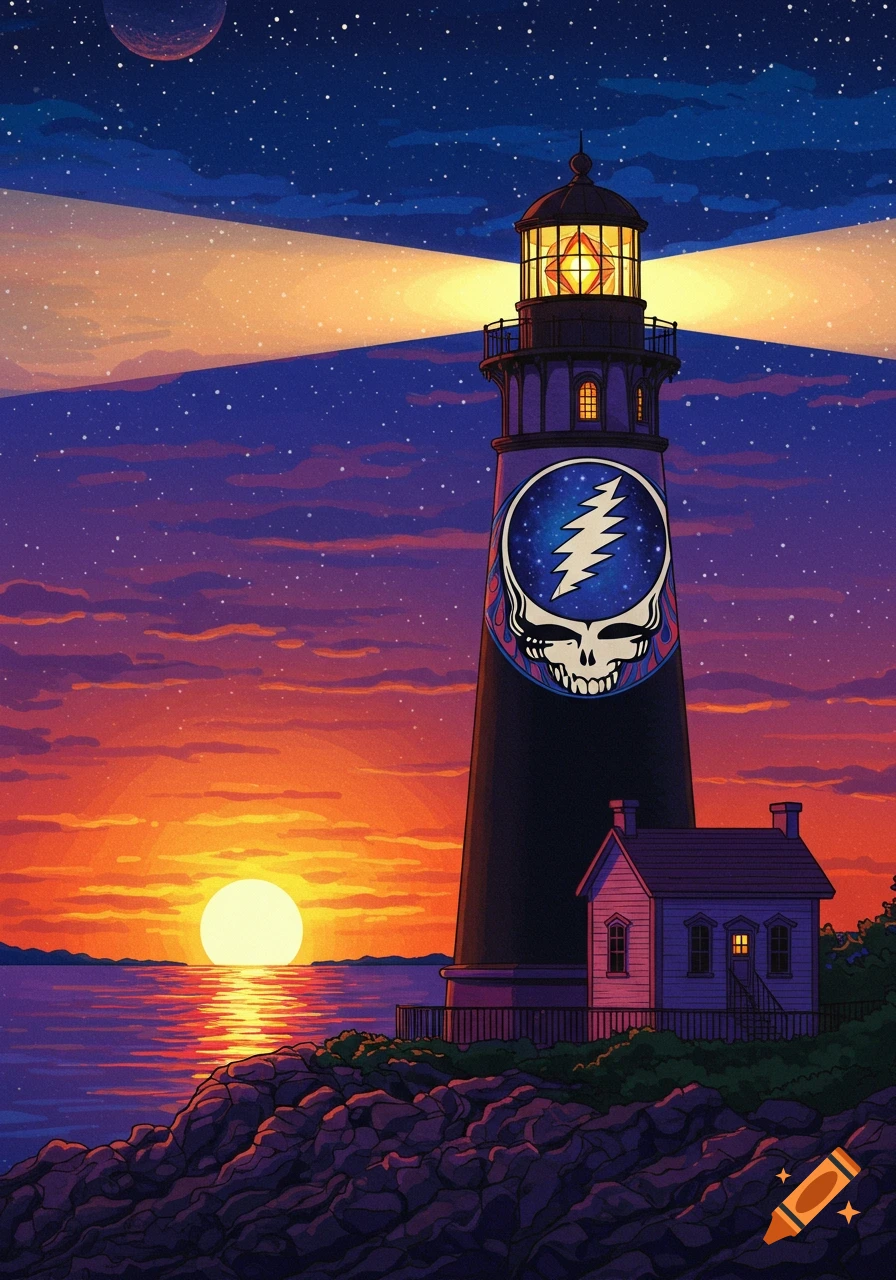 Illustration of a lighthouse with a Grateful Dead skull symbol against ...