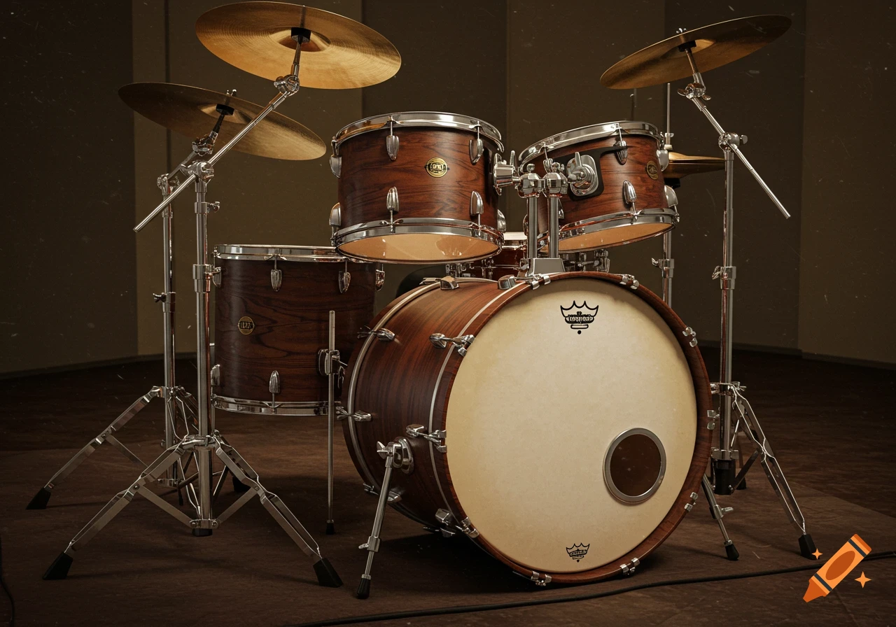 A close-up shot of a large, expensive-looking wooden drum kit. on Craiyon