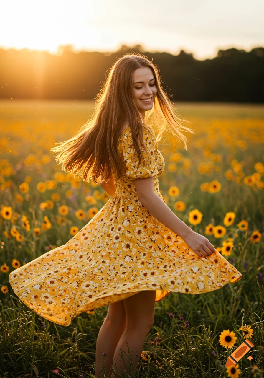 A young woman in a yellow sundress twirls in a field of sunflowers at ...