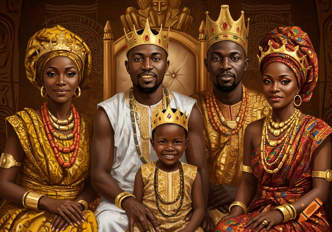 African royal family portrait with crowns, gold jewelry, and ...
