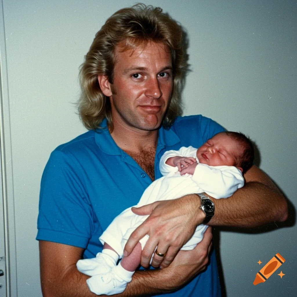 1980s photo of a man with blonde hair holding a newborn baby. on Craiyon