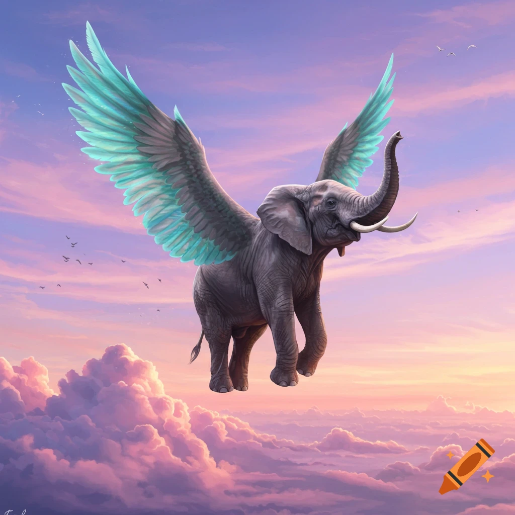 A winged elephant flies through a cloudy sunset sky. on Craiyon