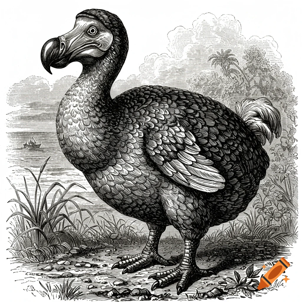 A linograph drawing of a dodo bird standing in a landscape. on Craiyon