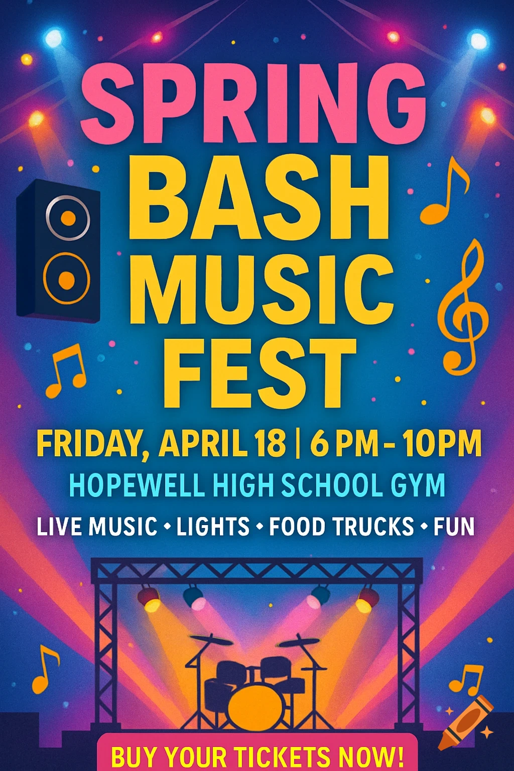 Bright poster for the Spring Bash Music Fest event with musical notes ...