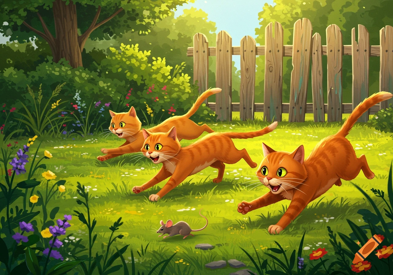 Three cartoon orange cats chase a mouse in a grassy yard with a fence ...