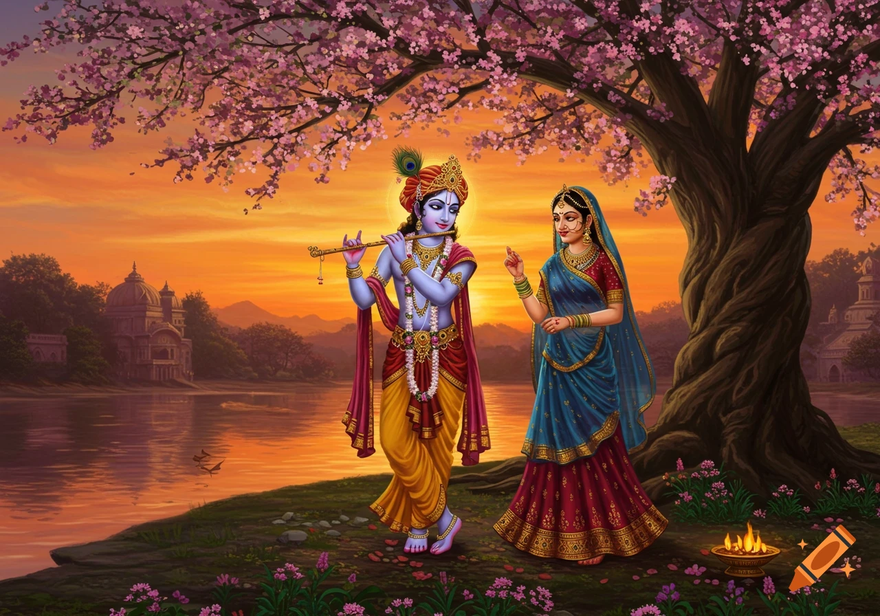 Krishna plays a flute with Radha beside him under a blooming tree at ...