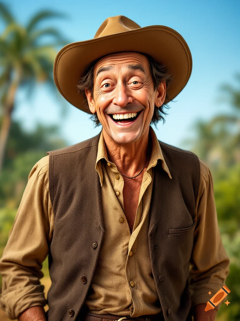 Portrait of a broadly smiling man in a cowboy hat and vest. on Craiyon