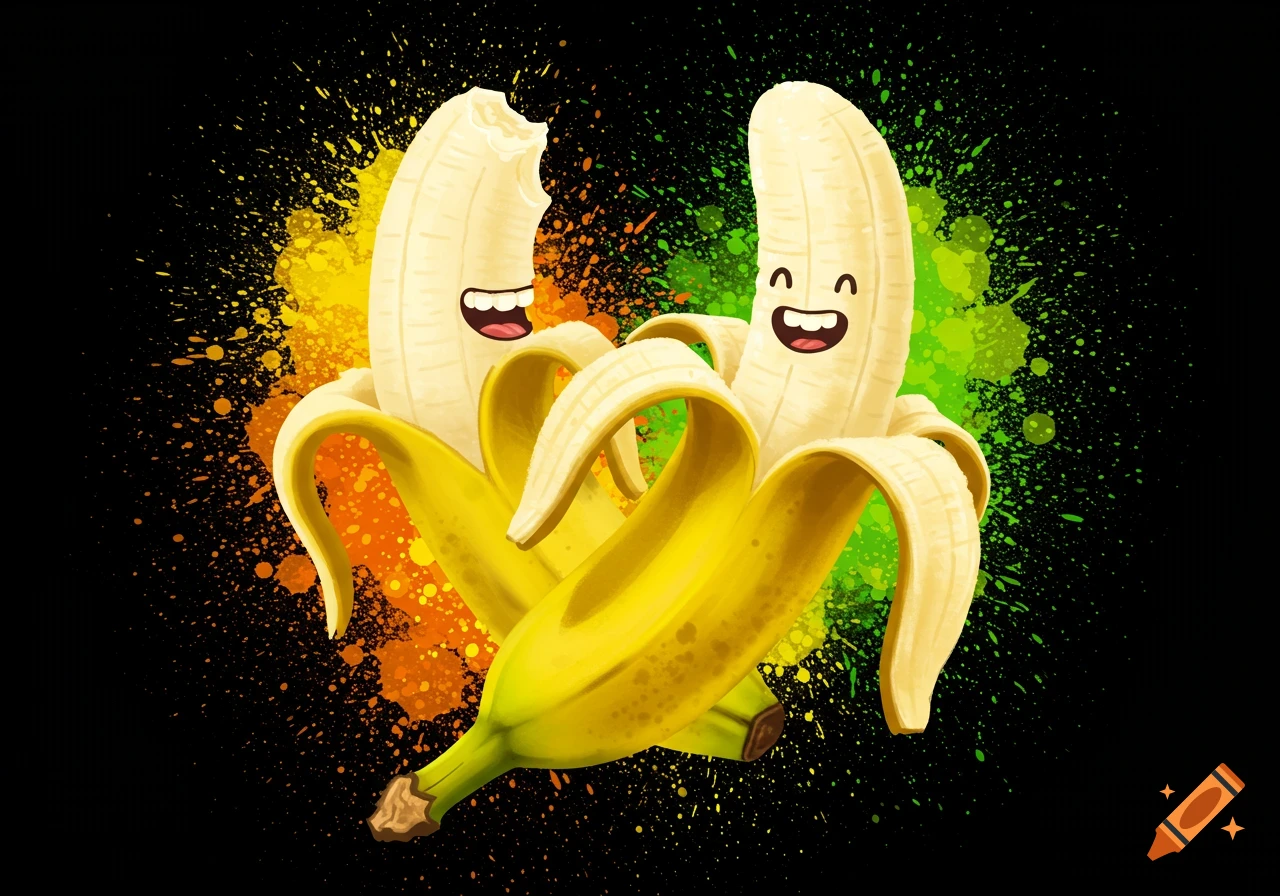 Two cartoon peeled bananas with faces against a colorful splash ...