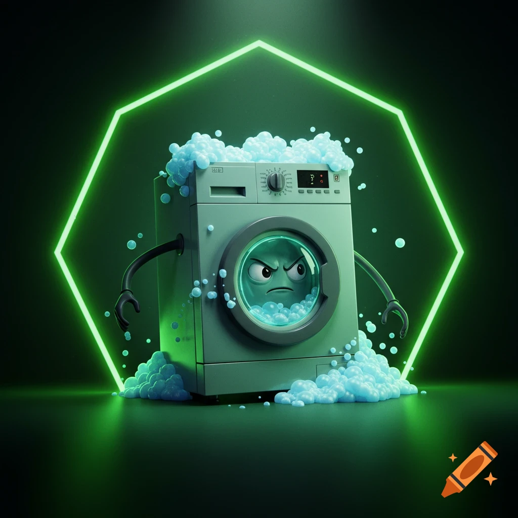 Cartoon washing machine character with hose arms, covered in soap suds ...