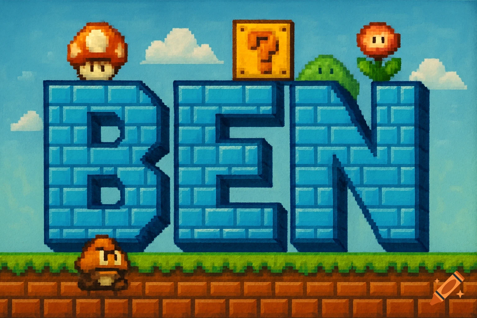 Large blue pixelated letters spelling BEN in a Super Mario style scene ...
