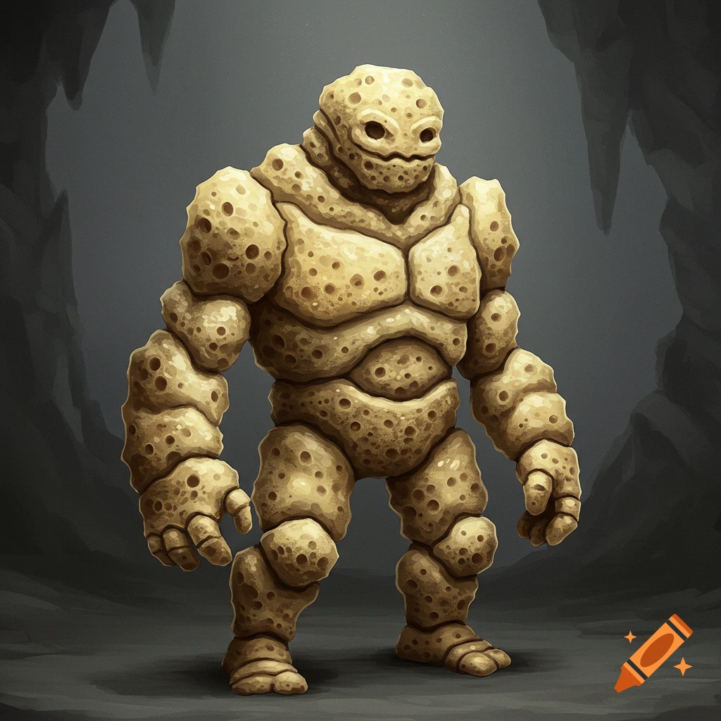 A textured golem creature made of light brown porous material stands in ...