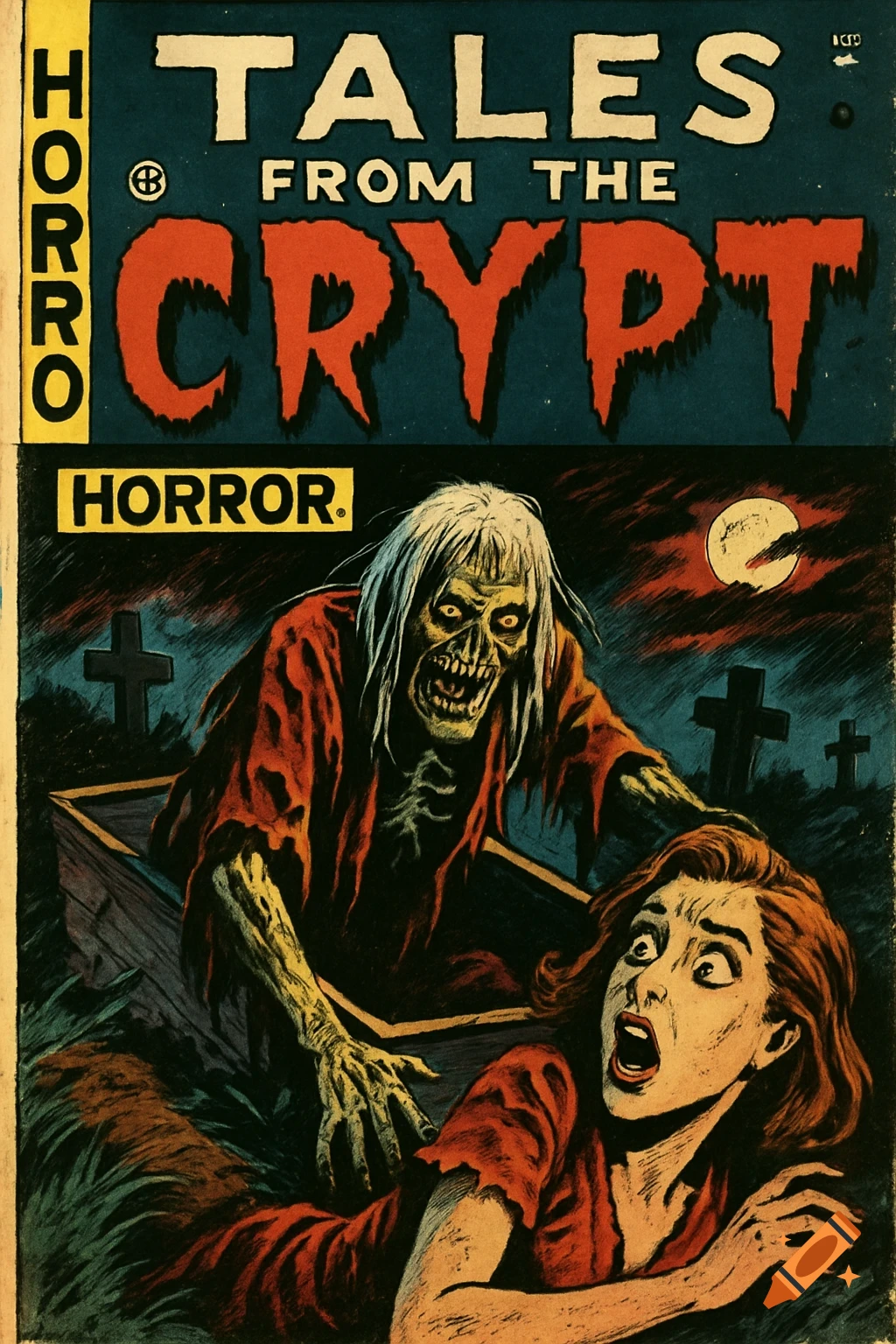 Classic horror comic cover illustration of a zombie rising from a ...