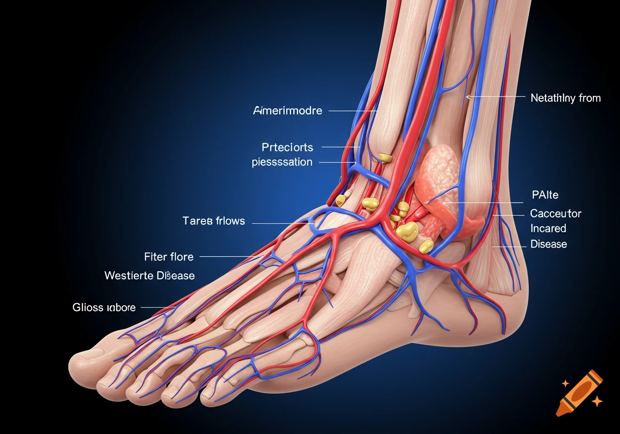 Anatomical illustration of a foot showing veins, arteries, and muscles ...