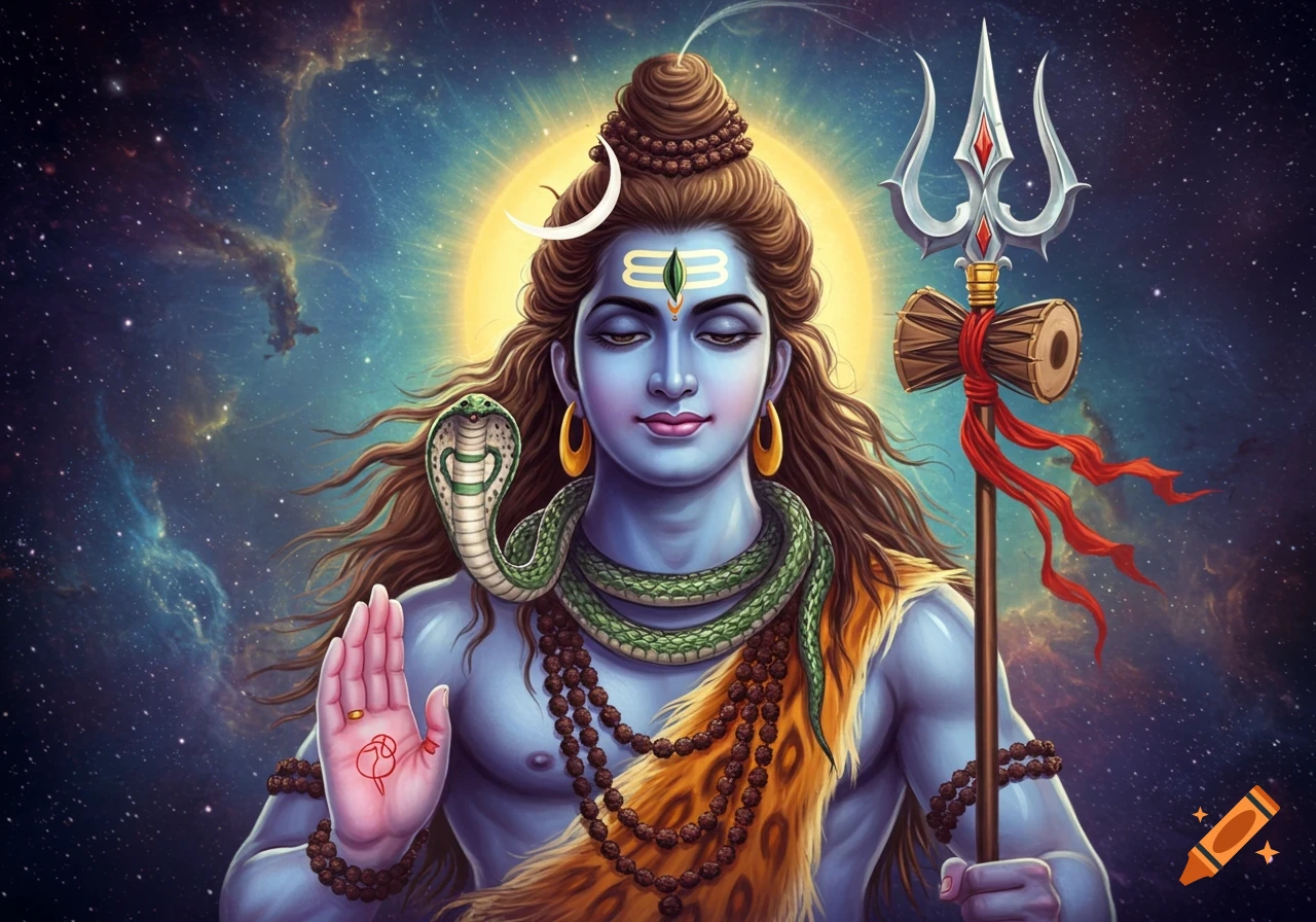 Hindu god Shiva with blue skin, snake, trident, and cosmic background ...