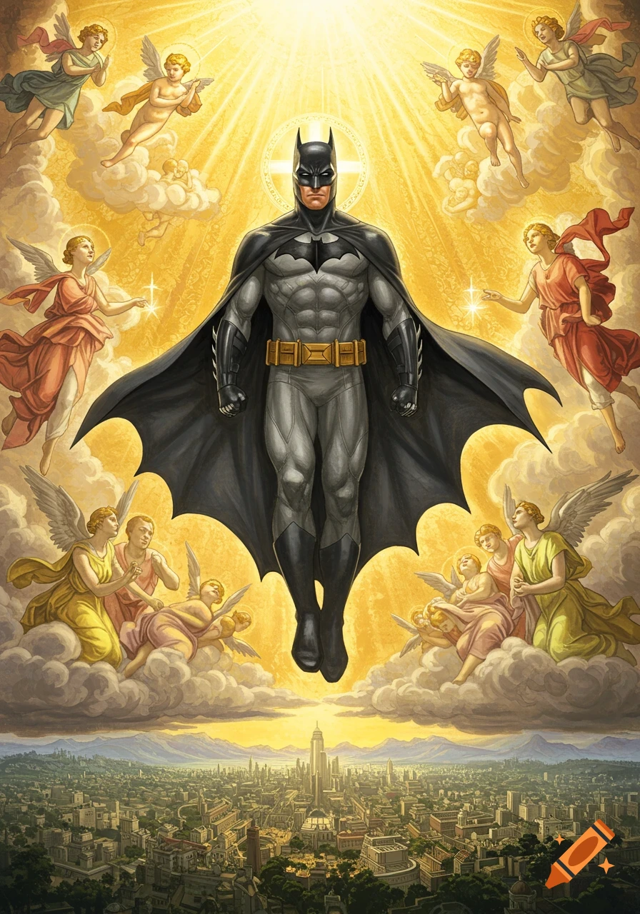 Batman floats above a city, surrounded by angels in a religious art ...
