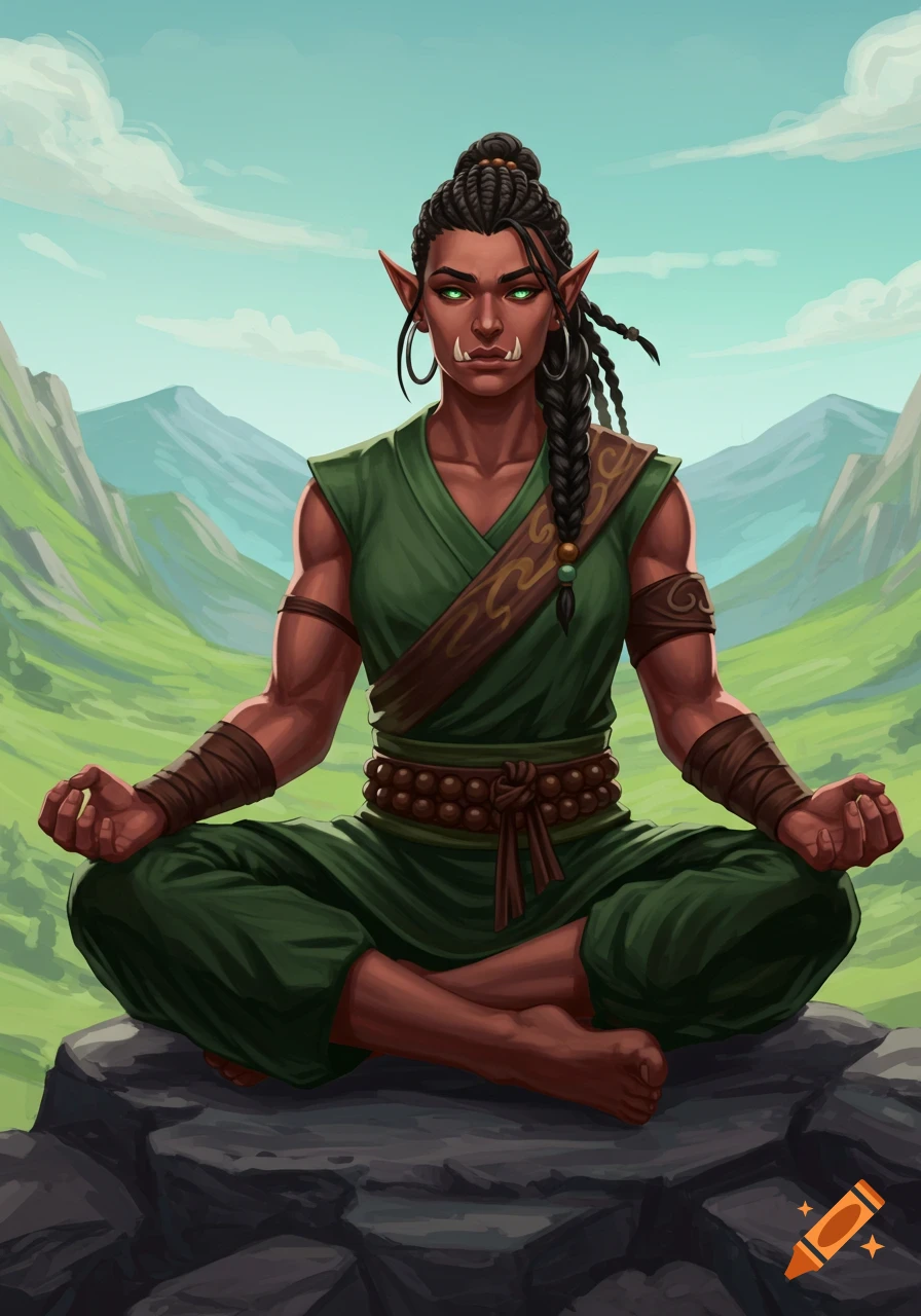 Female half-orc monk meditating on a rock in a mountain landscape ...