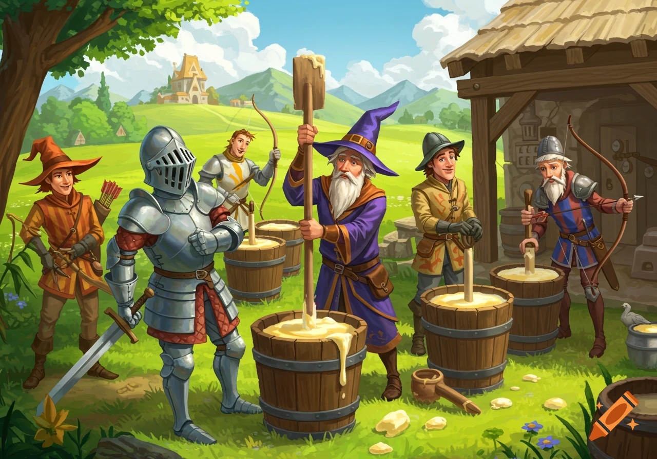 Fantasy illustration of knights, wizard, and archers churning butter in ...