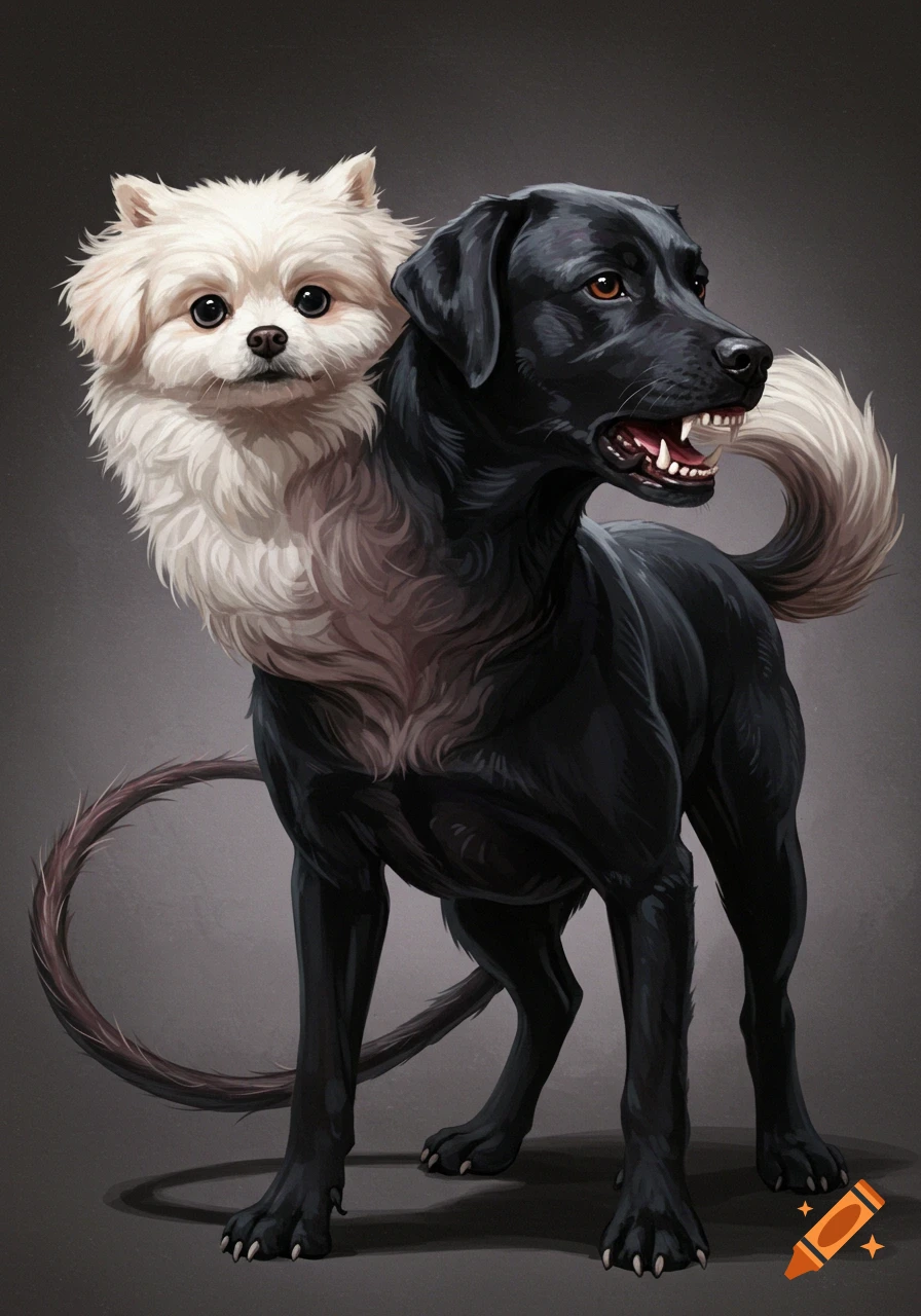 Illustration of a two-headed dog monster with one white fluffy head and one black head, with two ...