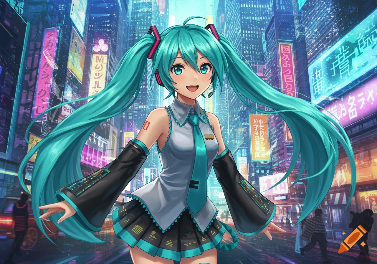 Hatsune Miku stands in a glowing futuristic cityscape filled with neon ...