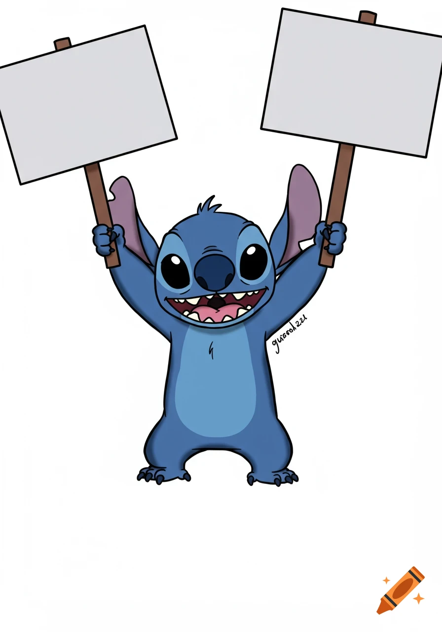 Cartoon of Stitch holding two blank signs above his head on Craiyon