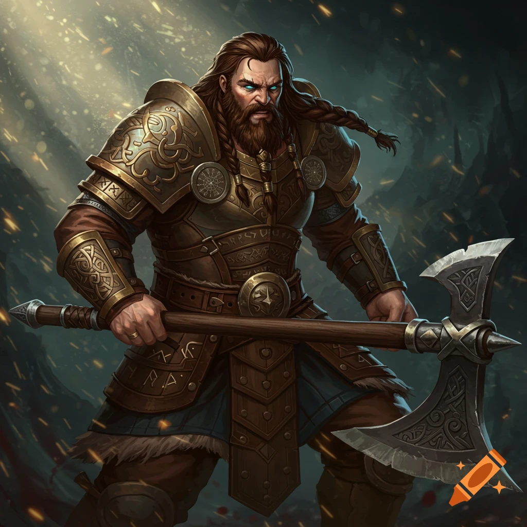 A fantasy warrior in runic armor holds a large axe. on Craiyon