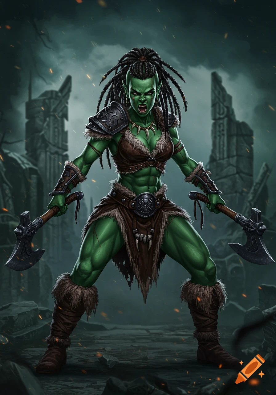 Strong green-skinned orc barbarian with dual battle axes and dreadlocks ...