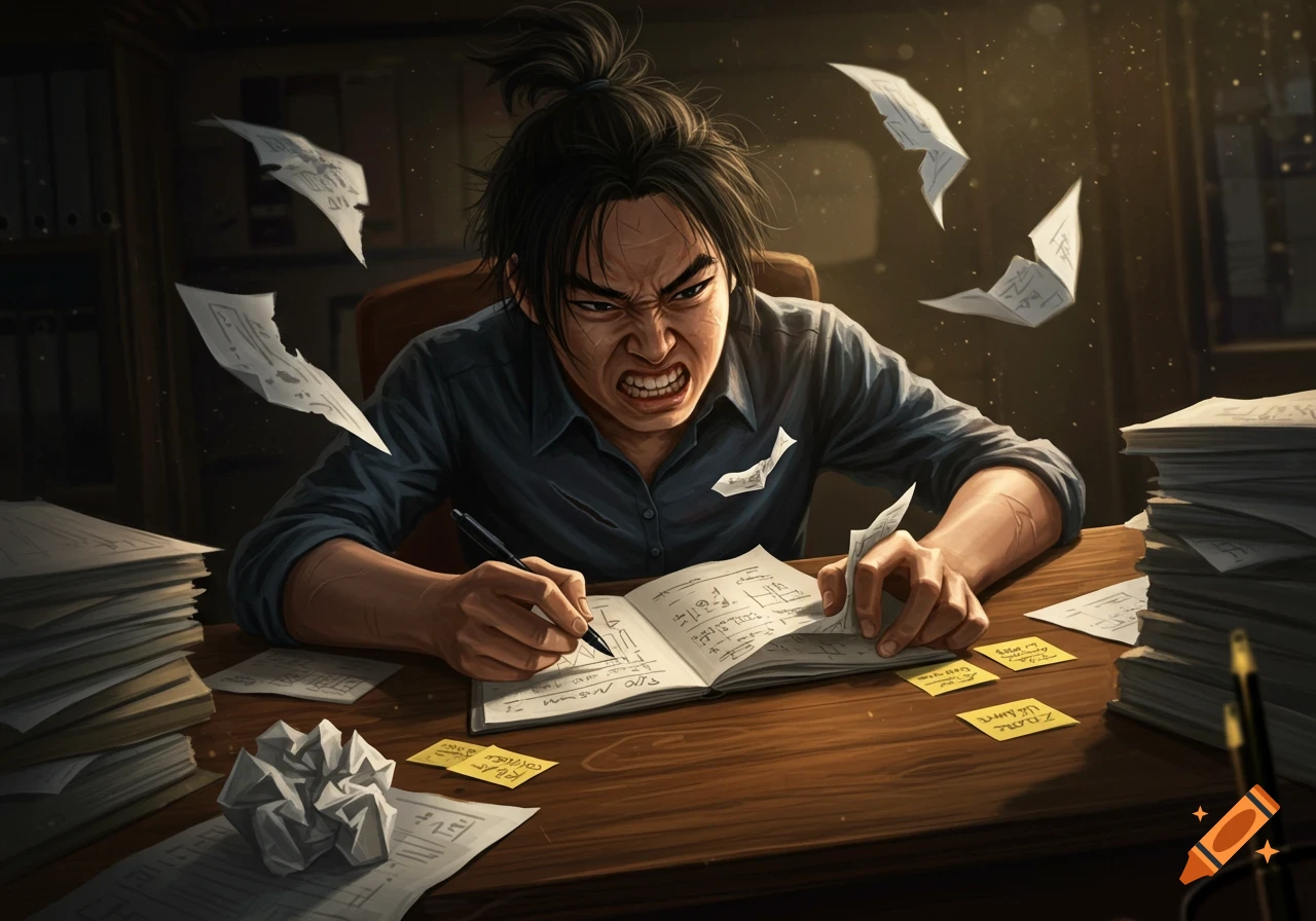 Illustration of a frustrated person scribbling and tearing up papers at ...