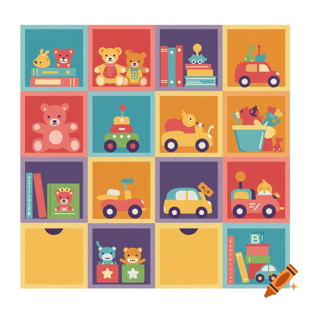Flat illustration of colorful cubbies filled with various toys and ...