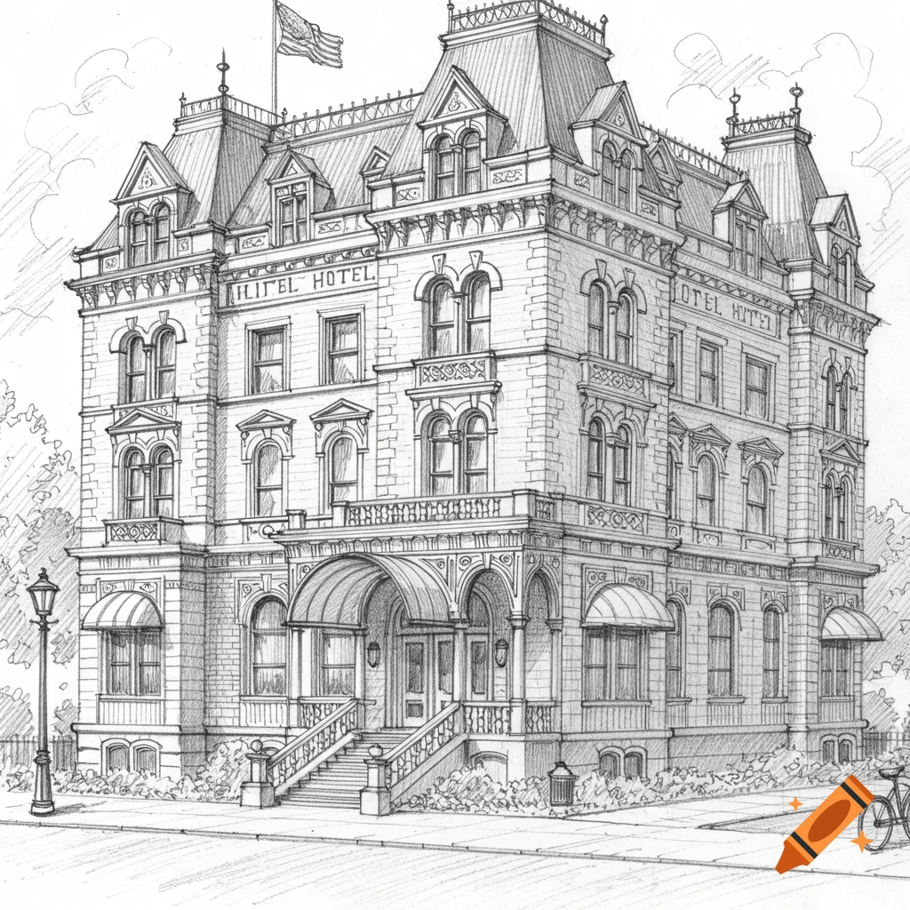 Pencil drawing of a grand ornate hotel building with an American flag ...