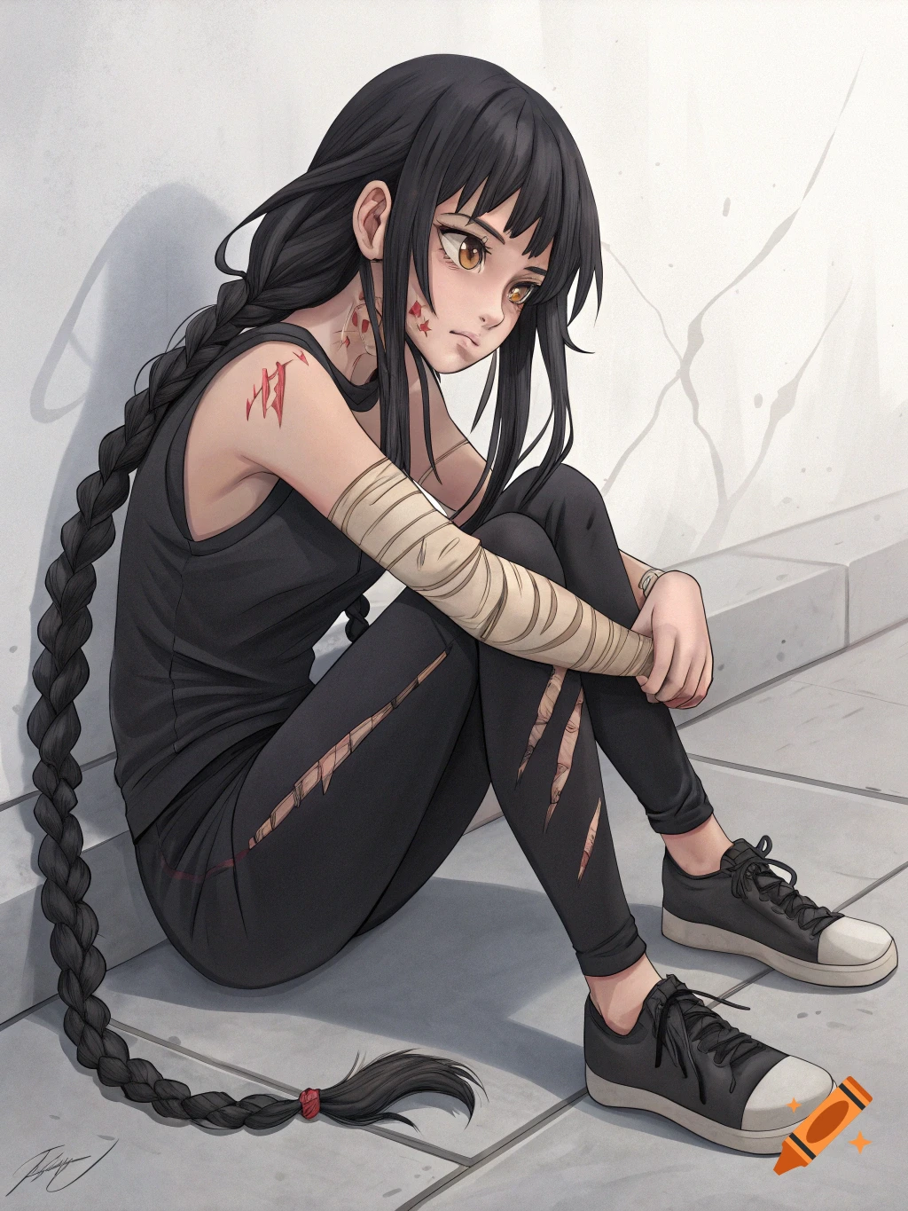 An anime girl with long black braids sits against a wall, wearing ...