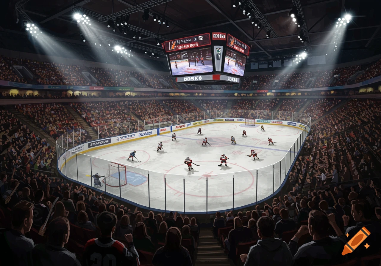 An ice hockey game in a large arena filled with spectators. on Craiyon