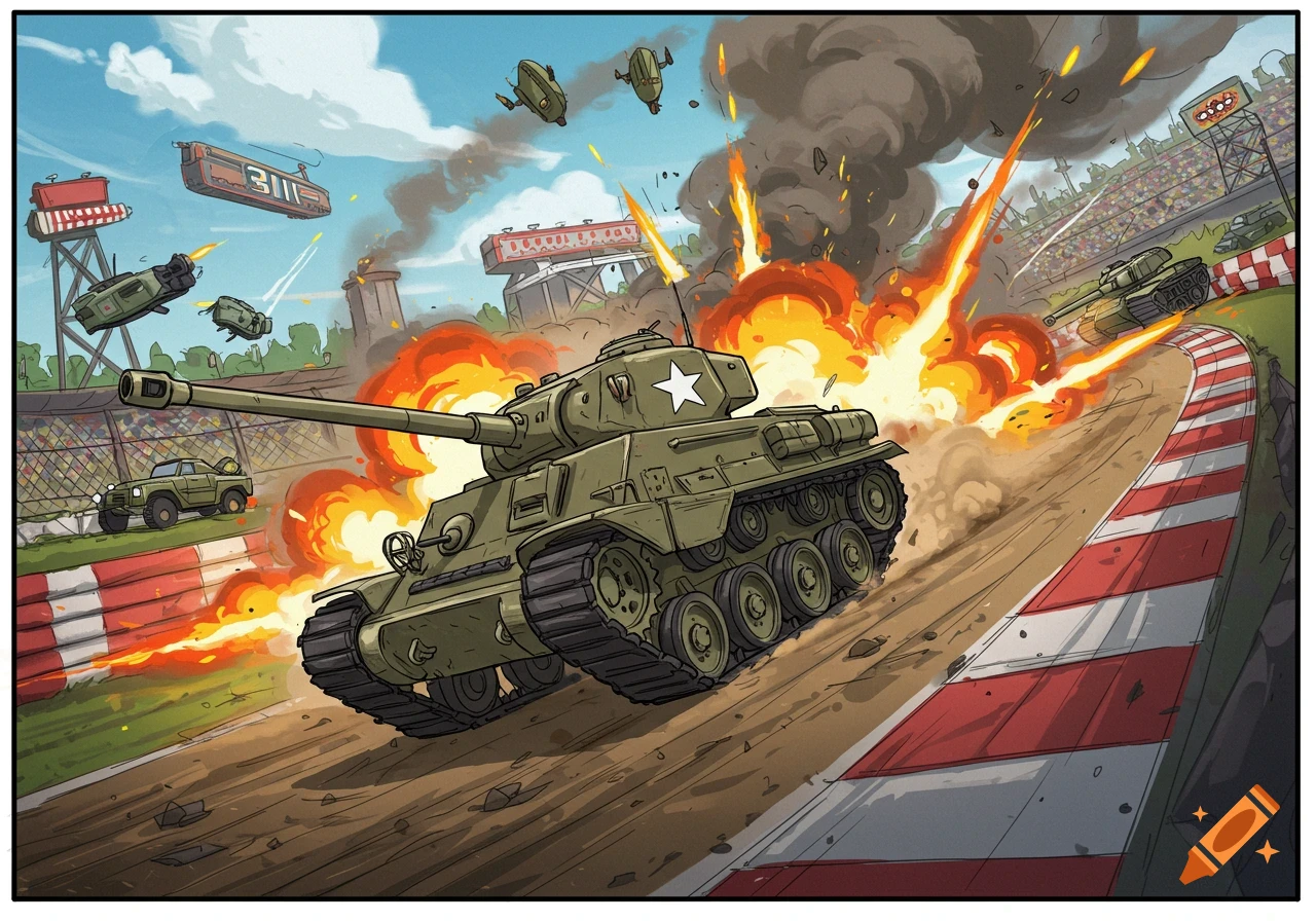 Cartoon illustration of a military tank racing on a track amidst ...