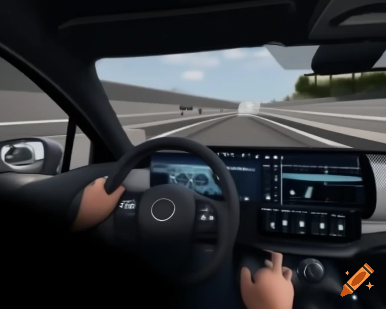 First person view in a 3D driving simulator on a freeway, cel shading ...