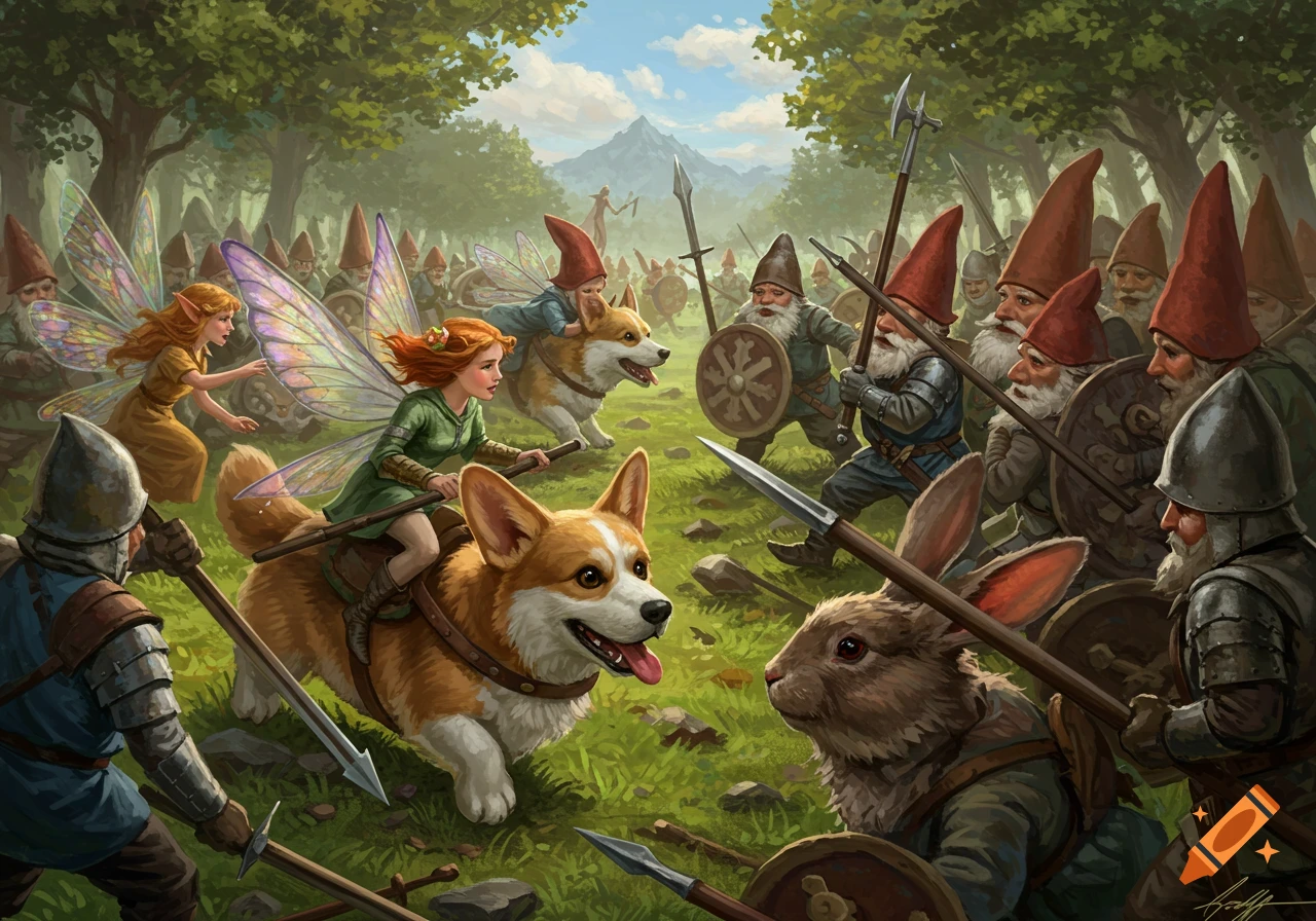Fantasy illustration of fairies riding corgis battling gnomes riding ...