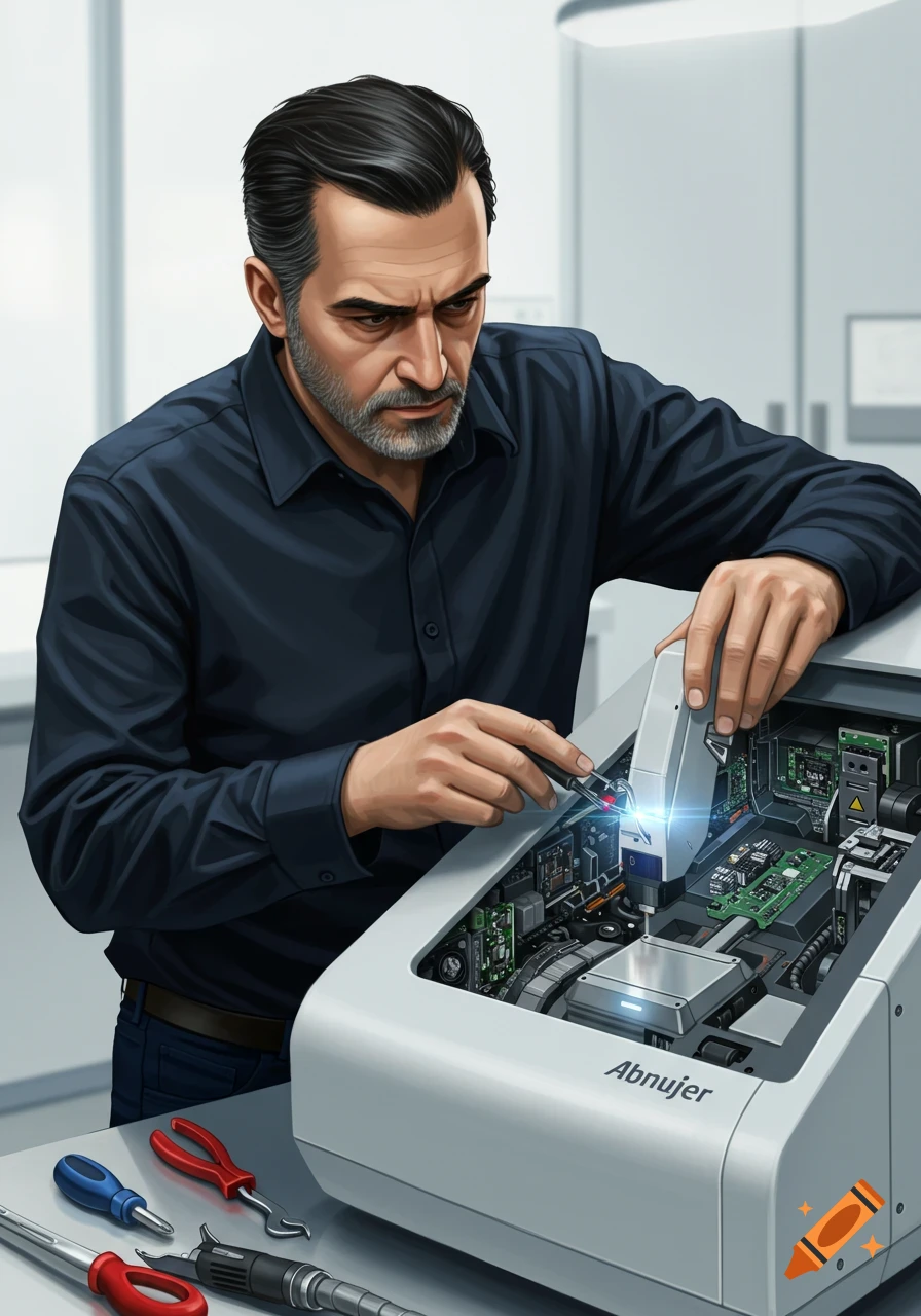 Illustration of a man repairing a complex electronic device. on Craiyon