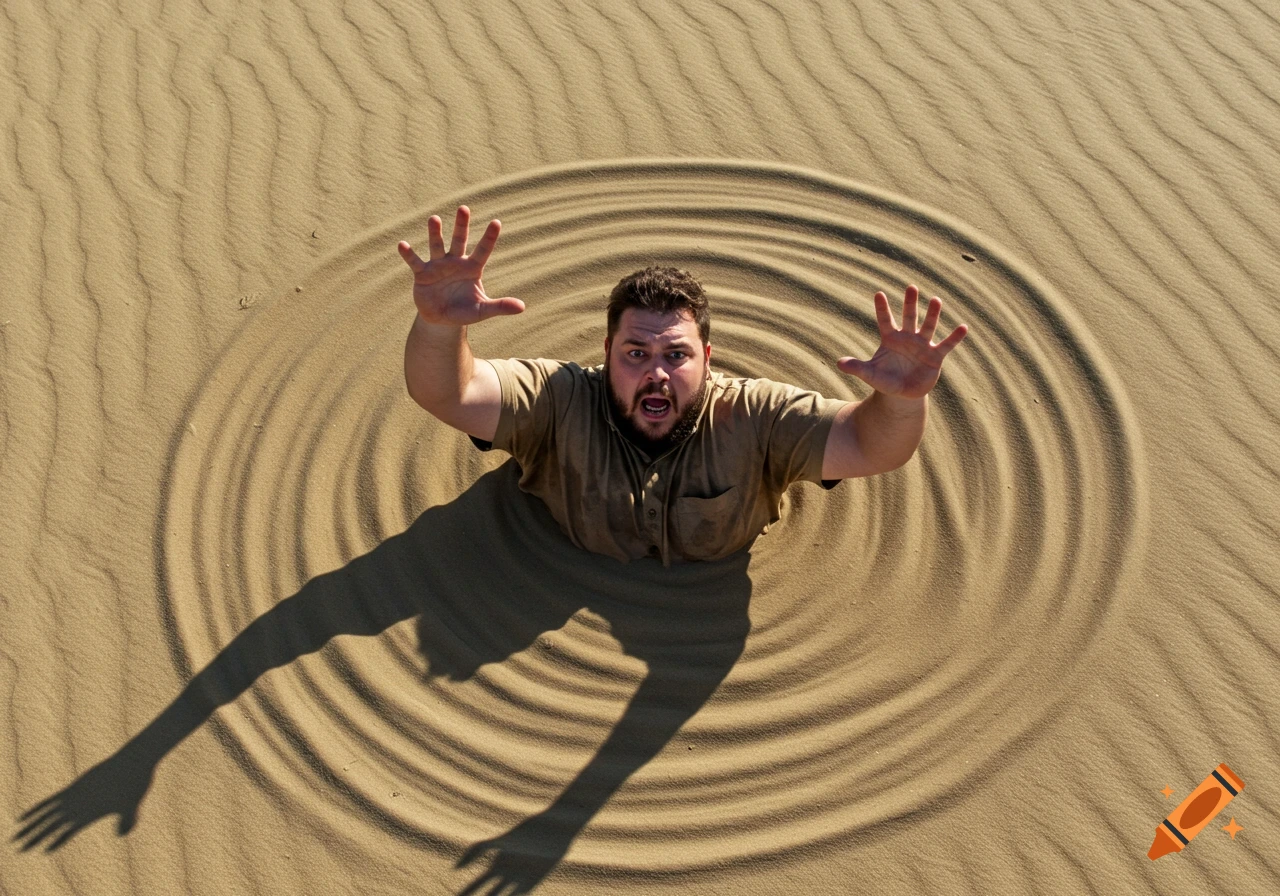 Overhead view of a man sinking into sand, reaching up for help. on Craiyon