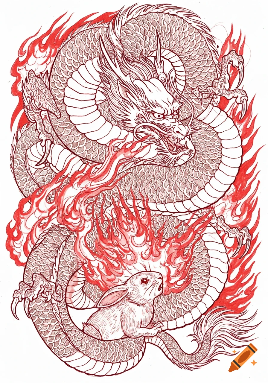 Red ink drawing of a Japanese dragon and a rabbit surrounded by flames ...