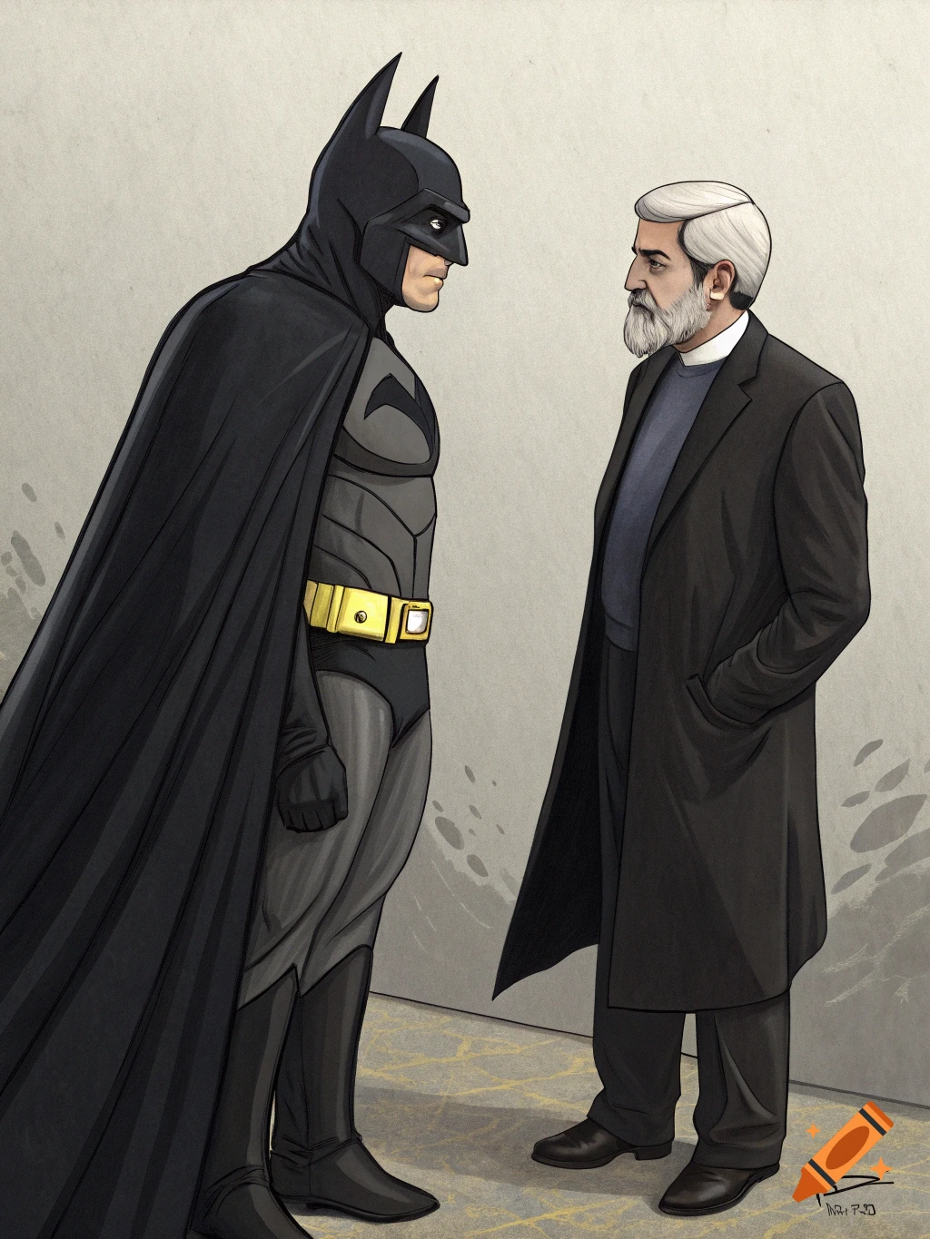 Illustration of Batman standing opposite an older man in a suit. on Craiyon