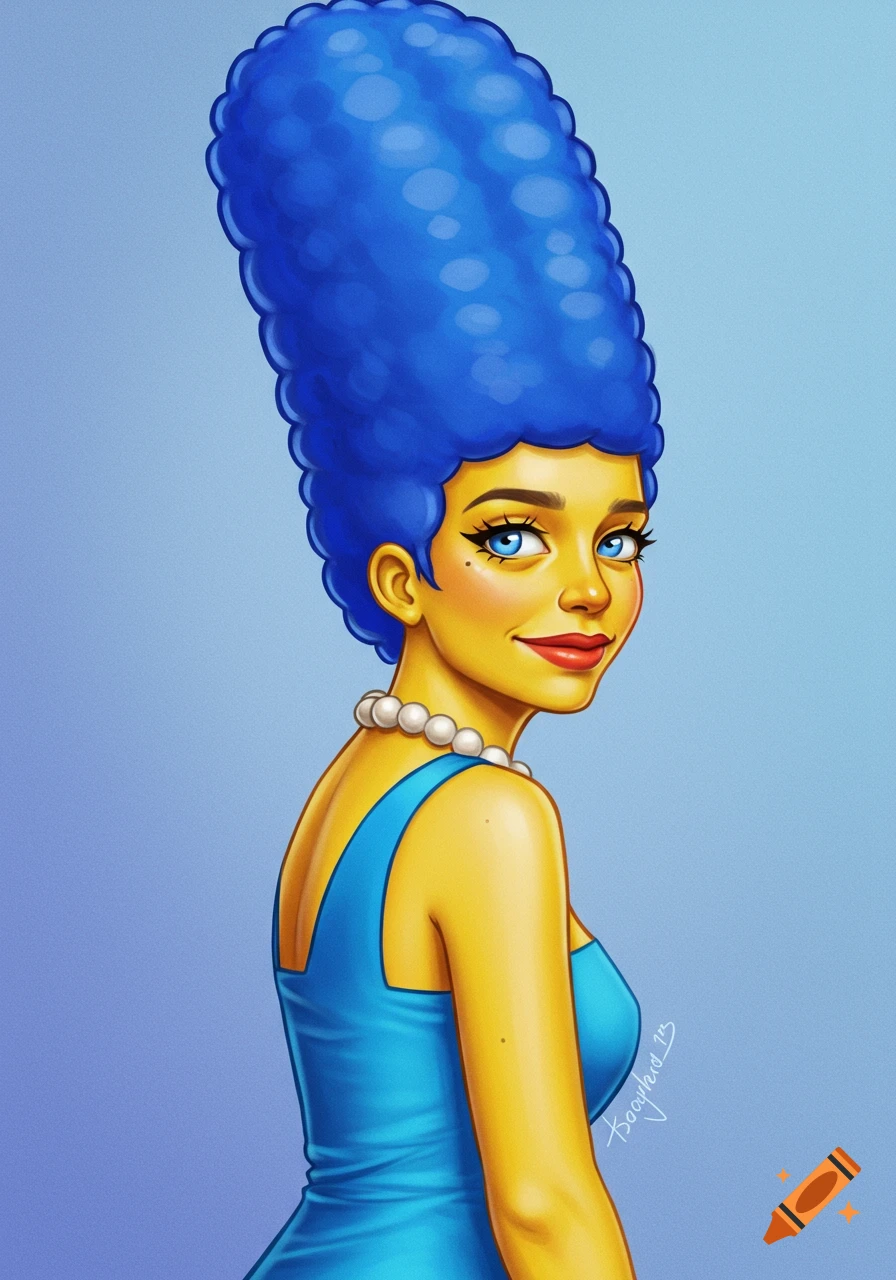 Realistic portrait of Marge Simpson with tall blue hair and yellow skin ...