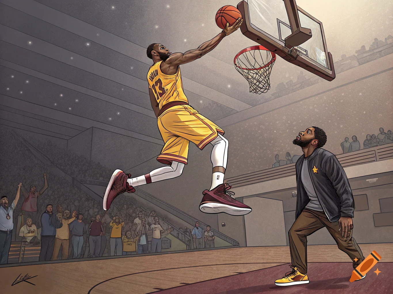 Illustration of a basketball player dunking over another player on a ...
