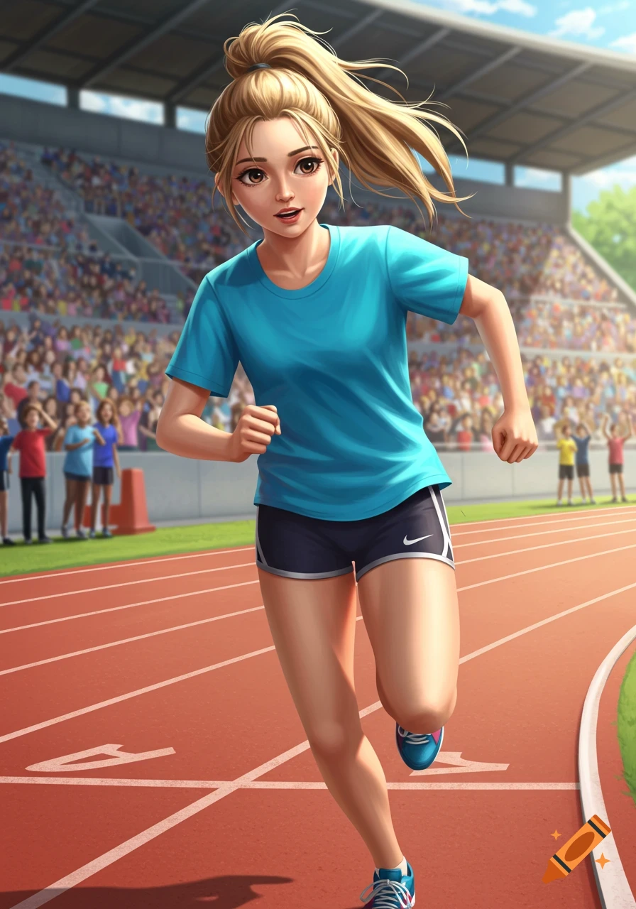 Anime-style illustration of a girl with blonde ponytail running on a ...
