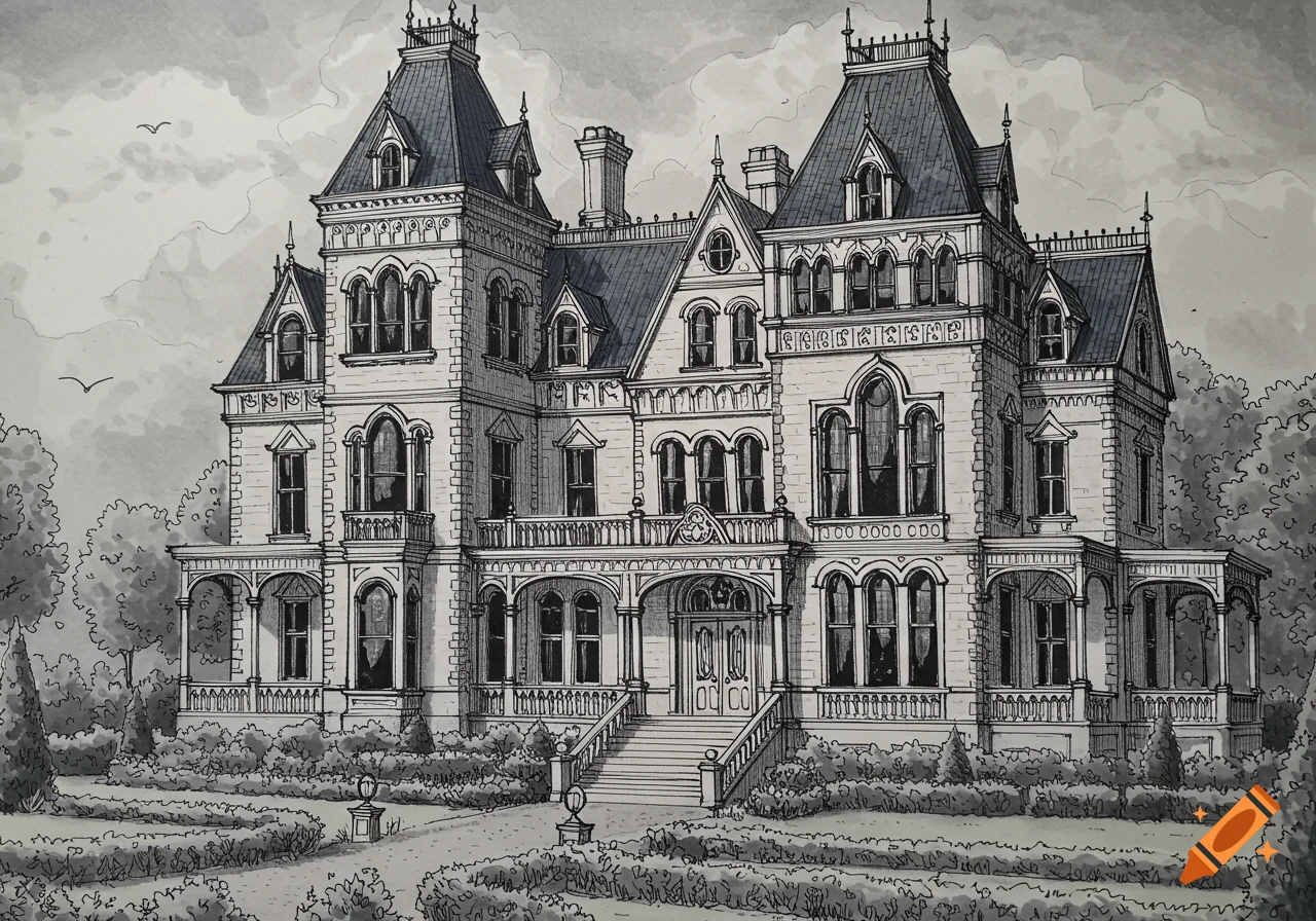 Drawing of a detailed Victorian-style mansion with multiple towers ...