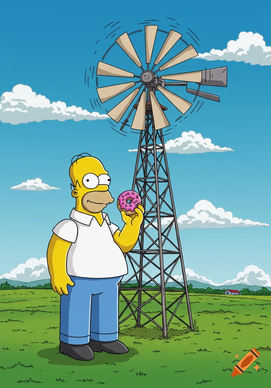 Homer Simpson holds a donut in a field with a windmill in the style of ...