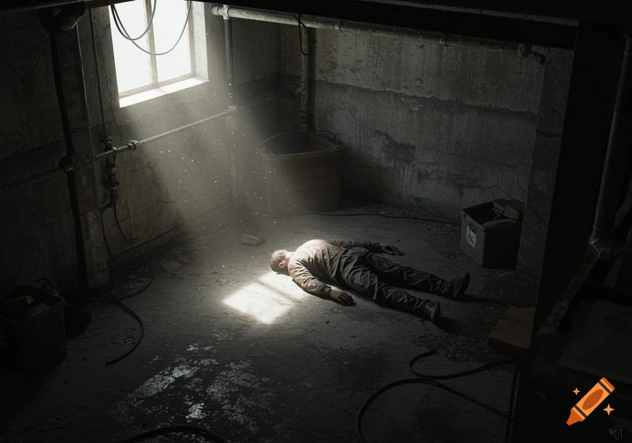 A person lies face down on the floor of a dirty, sunlit basement. on ...