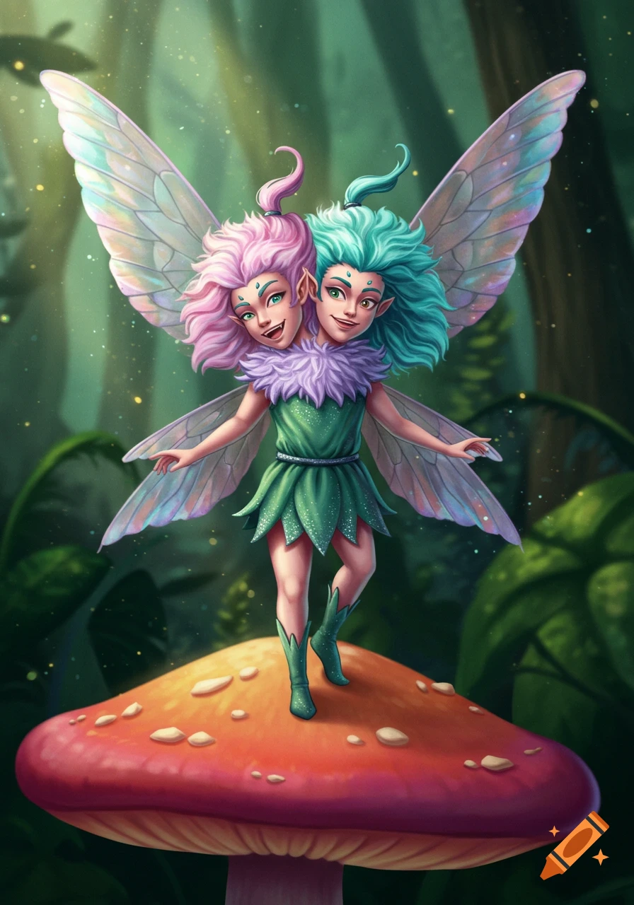 A two-headed fairy with pink and blue hair and iridescent wings stands ...