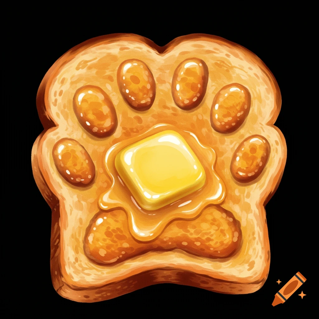Toast shaped like a cat paw print with butter and syrup. on Craiyon